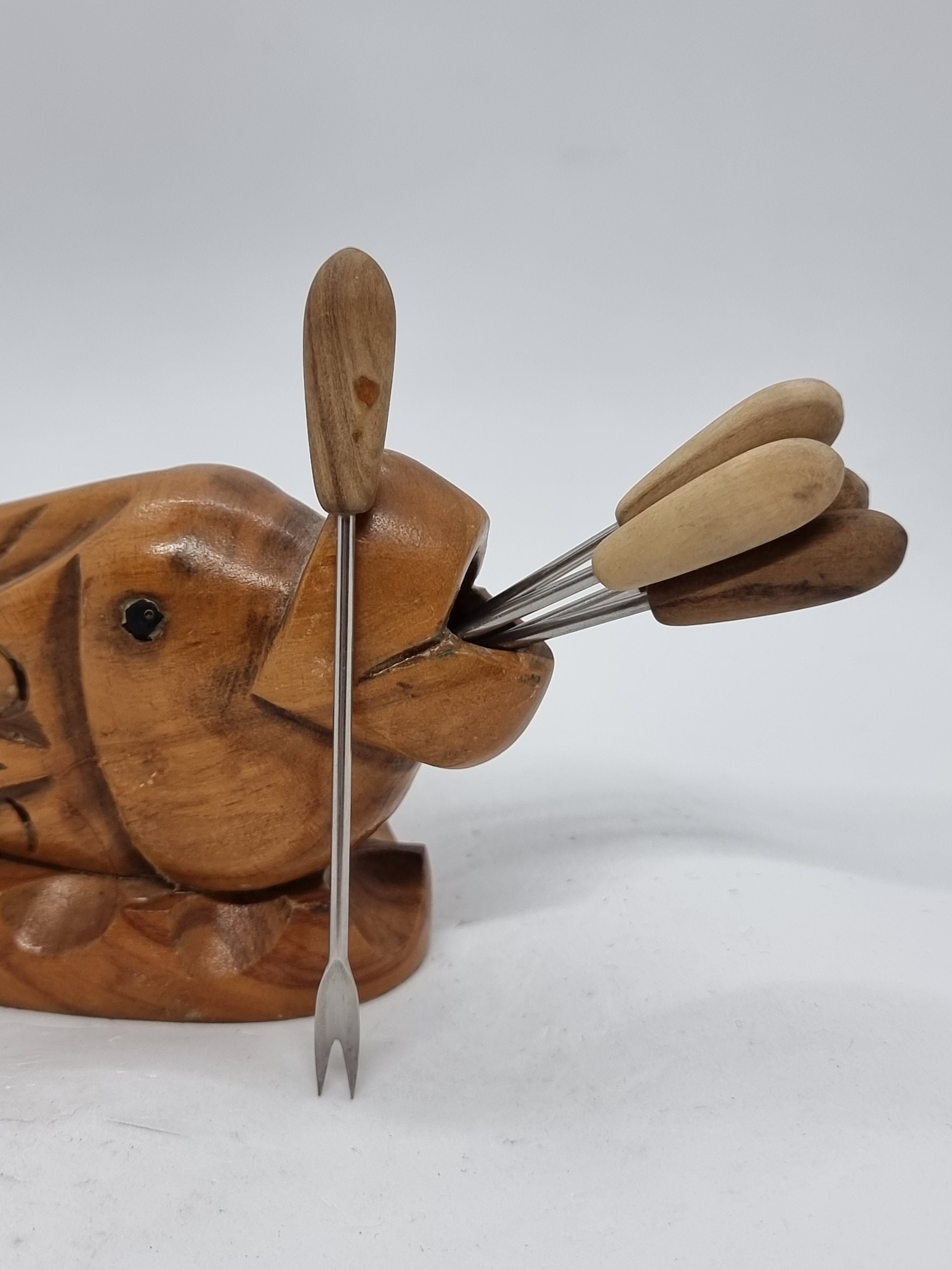 Mid-century Carved Wood Fish Holder & Appetizer / Cocktail Forks | Made ...
