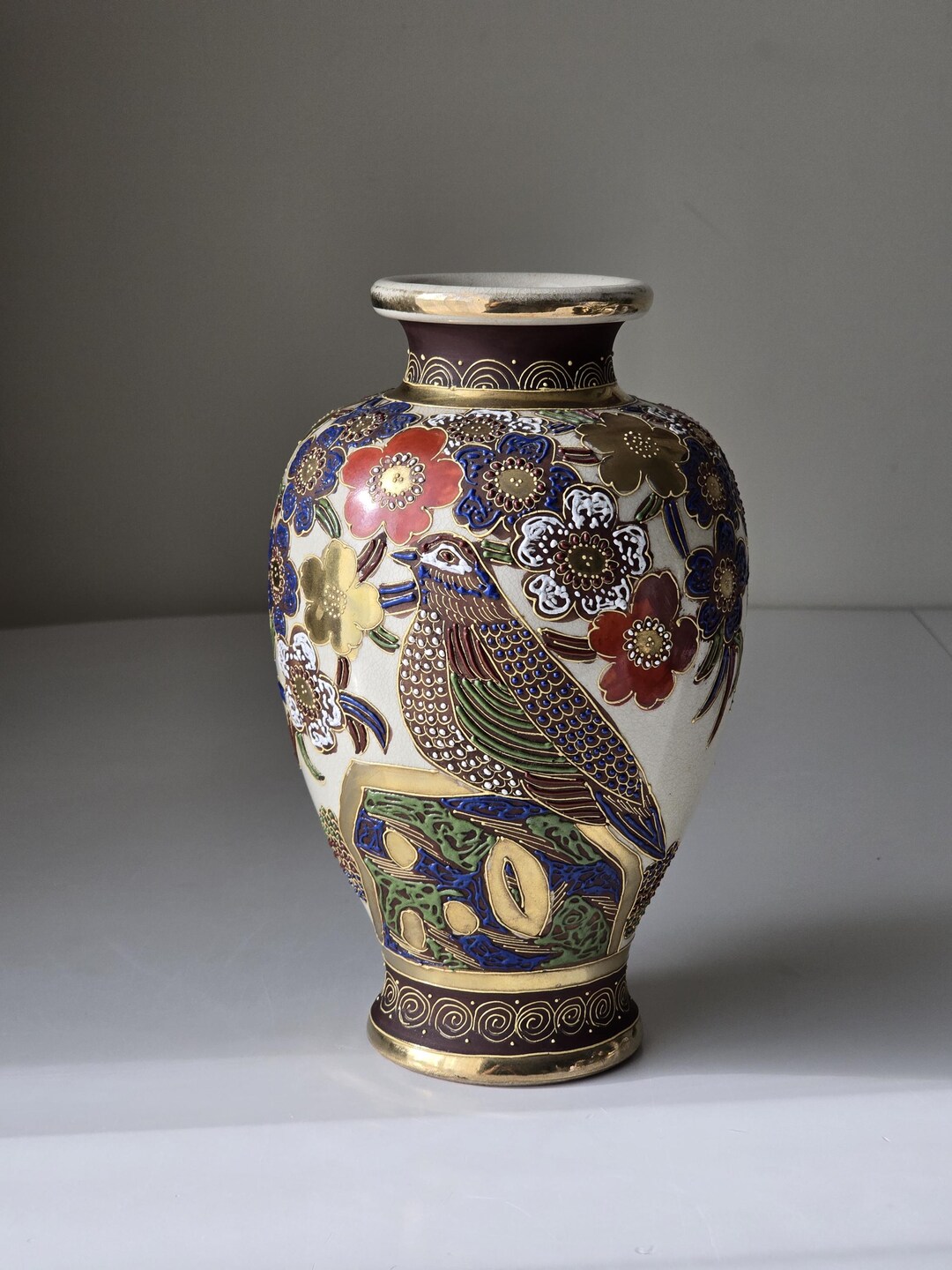 Vintage Japanese Nippon Tokusei Vase | Hand Painted Bird & Flowers ...