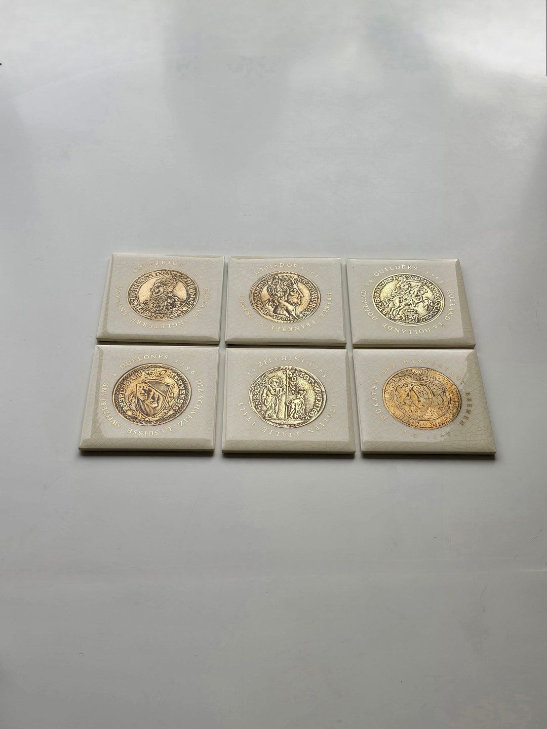 Set of 6 Vintage Ceramic Coin Coffee Coasters - Historical European ...