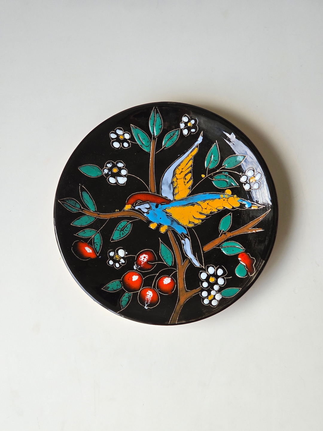Vintage Hand-painted Ceramic Wall Plate With Colorful Bird and Floral ...