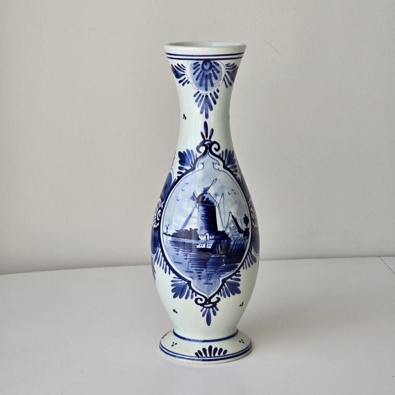 Vintage Delft Blue Hand-painted Vase With Windmill Scene | - Etsy