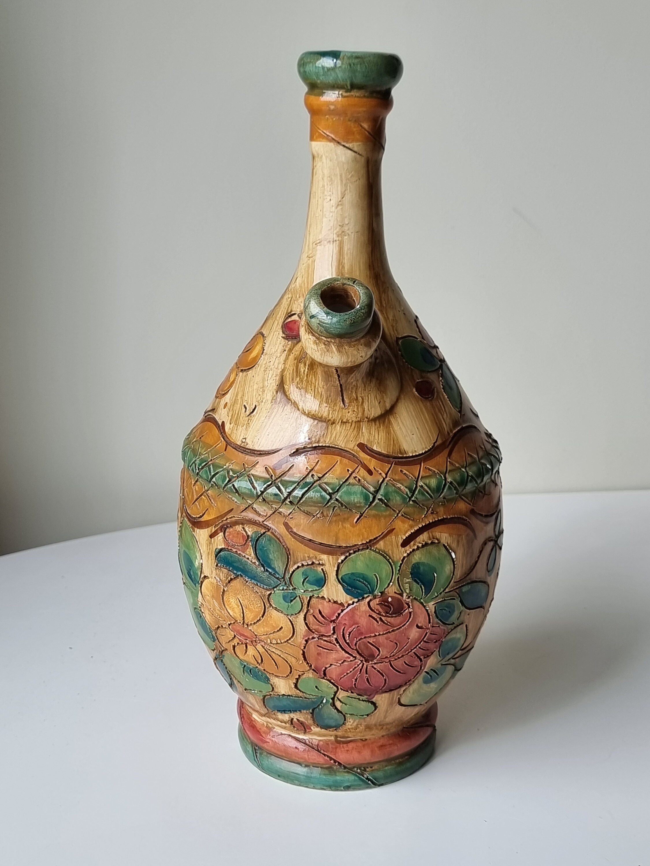 Large Italian Sgraffito Pottery Olive Oil Pitcher Hand Painted Folk Art ...