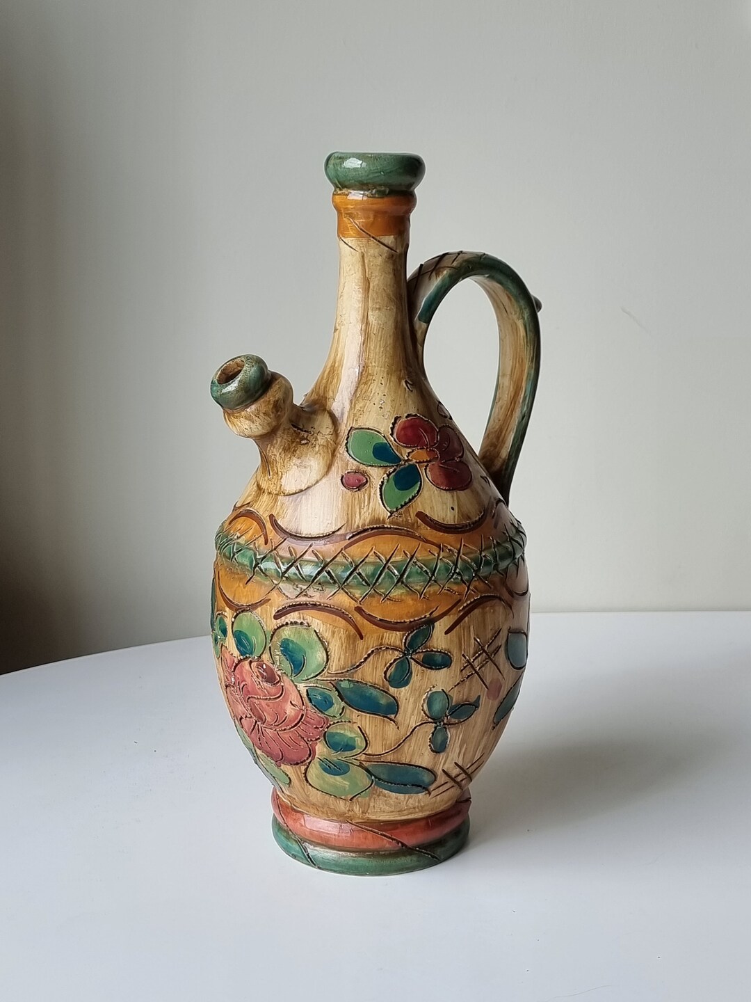 Large Italian Sgraffito Pottery Olive Oil Pitcher | Hand Painted Folk ...