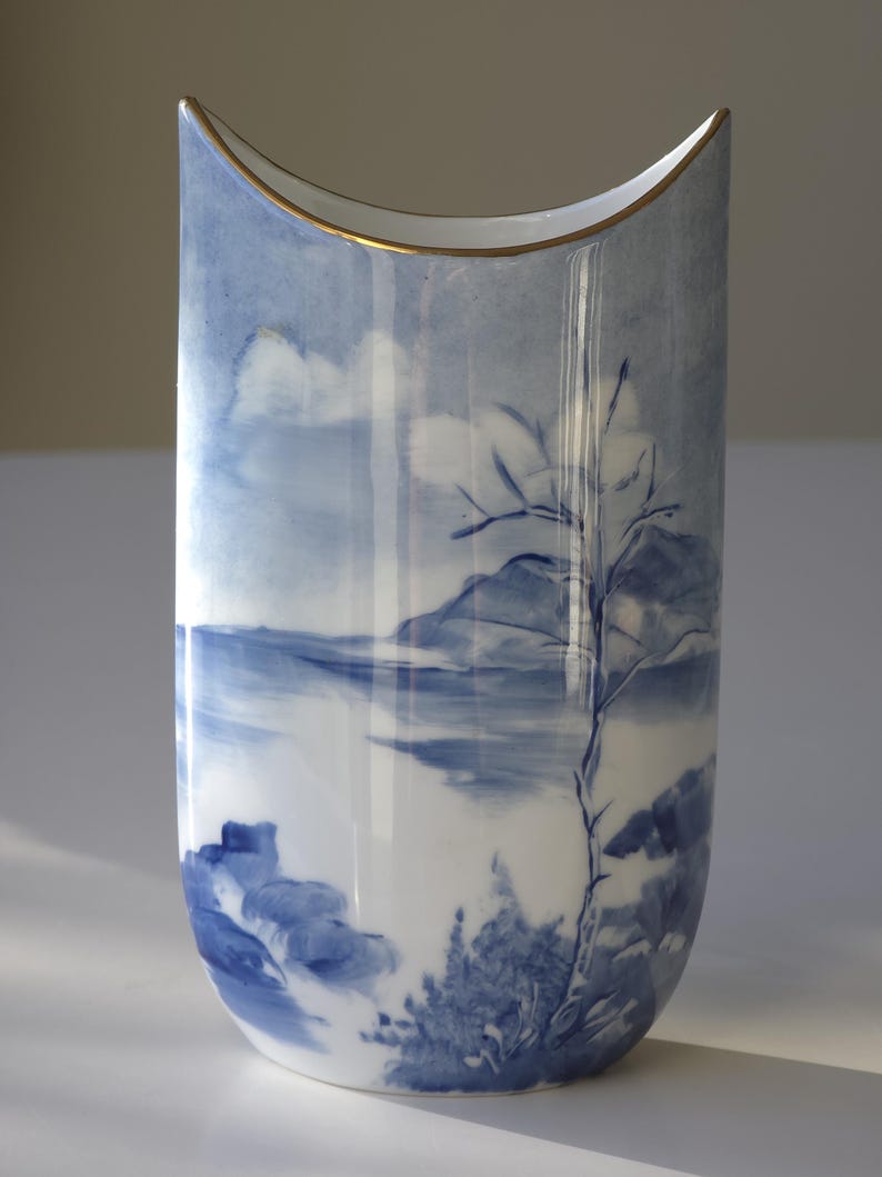 Vintage Kaiser Porcelain Vase – Hand-painted Landscape, Gold Trim - Etsy