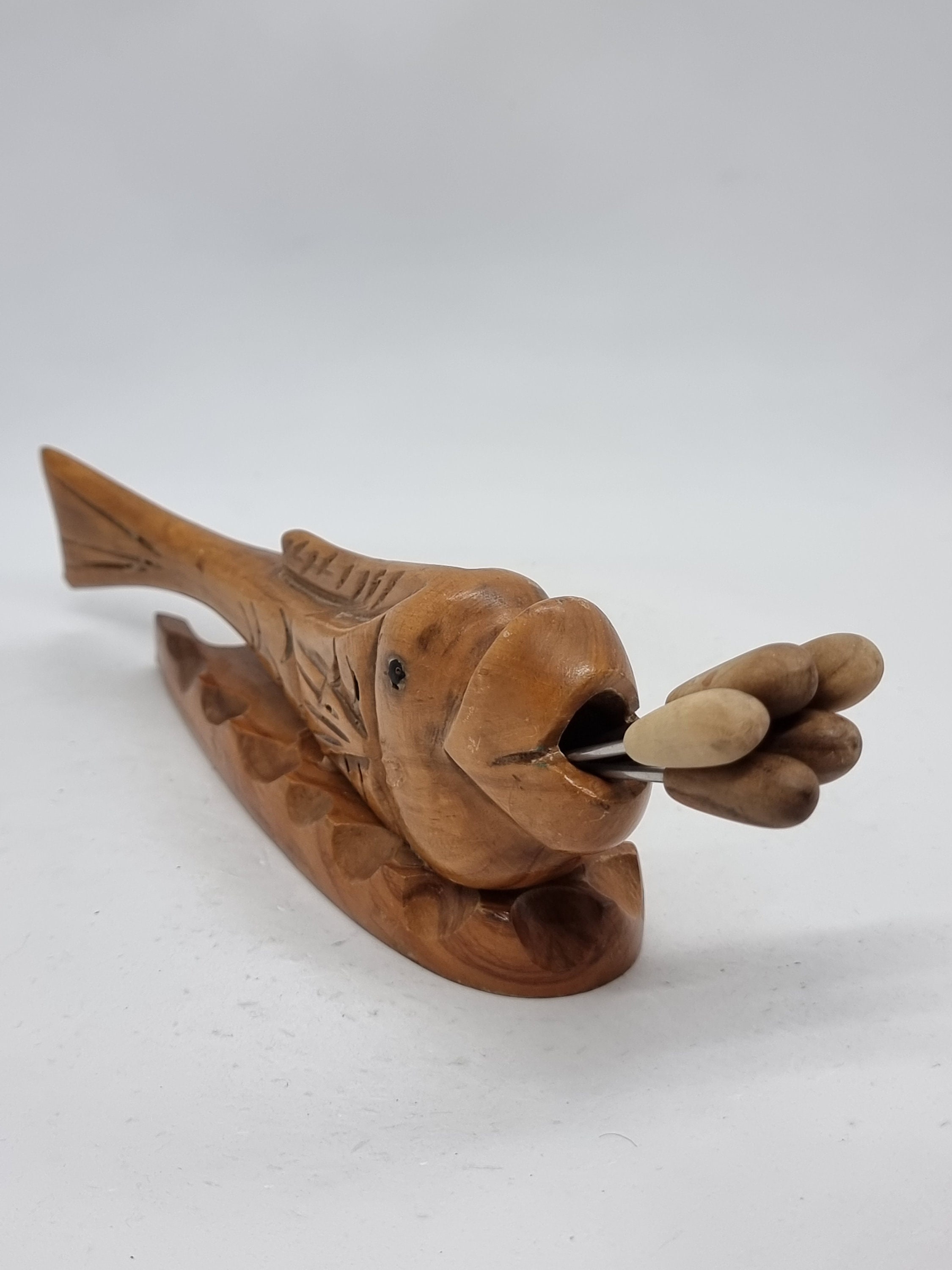 Mid-century Carved Wood Fish Holder & Appetizer / Cocktail Forks | Made ...