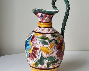 Large Italian Sgraffito Pottery Olive Oil Pitcher Hand Painted Folk Art ...