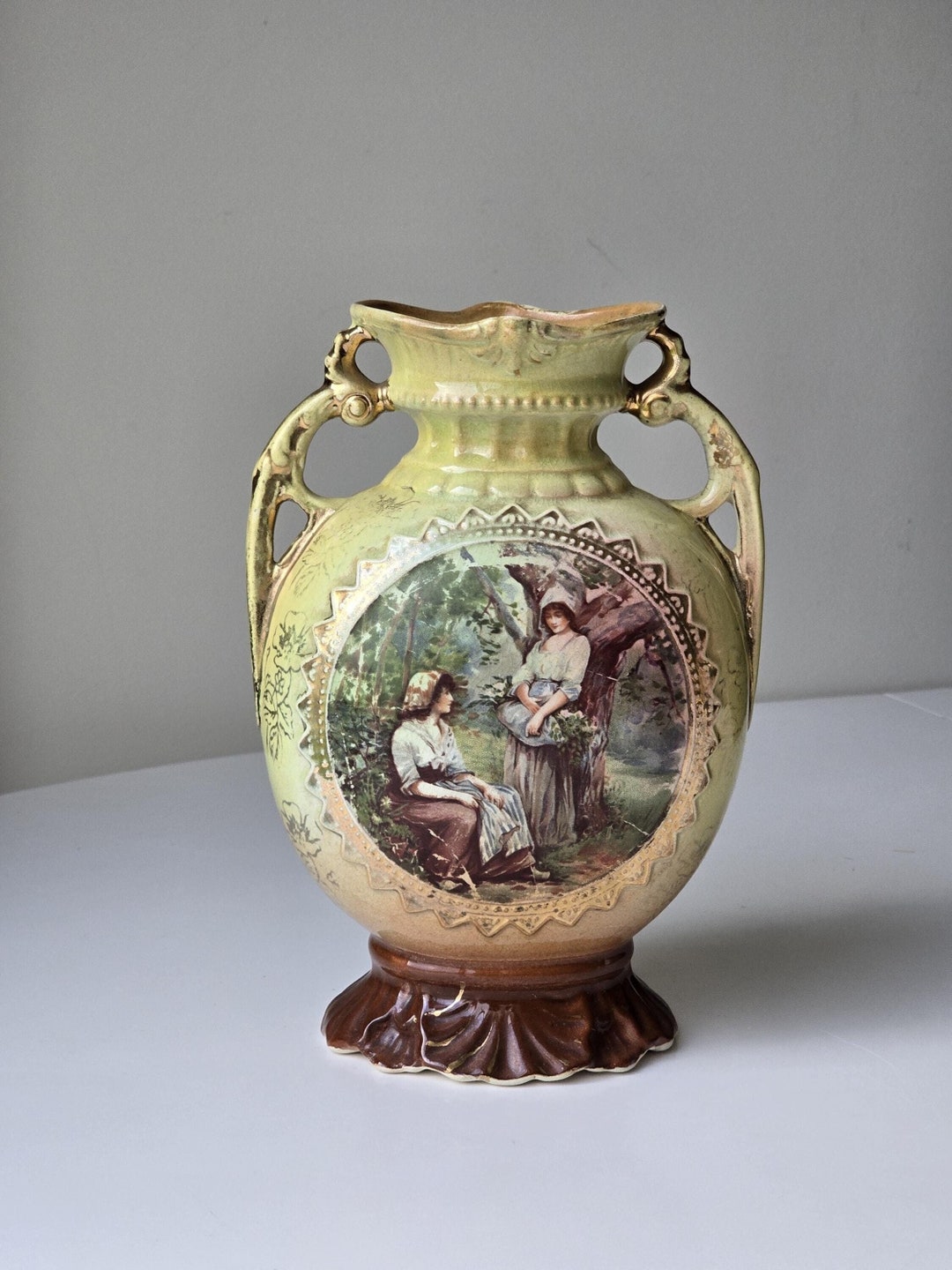 Antique Edwardian A.G. Harley Jones Hand-painted Vase With Pastoral ...