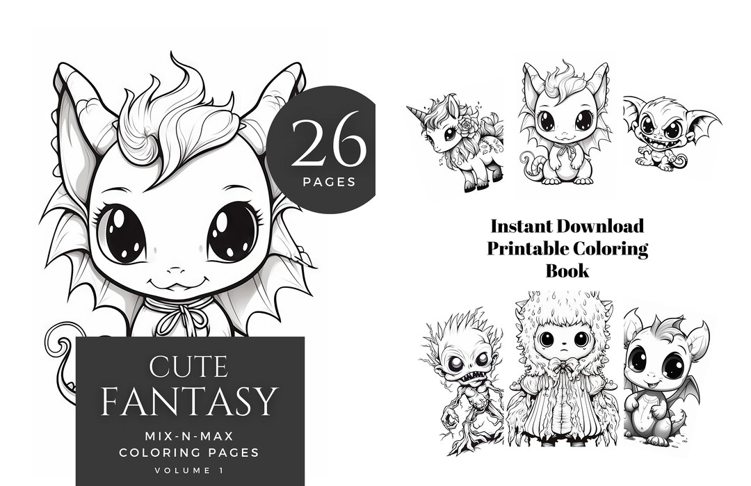 26 Page Cute Fantasy Coloring Book, Adults + Kids- Instant Download ...