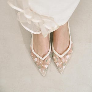 Off White Slingbacks With Floral Embroidery, Low Kitten Heel, Sheer ...