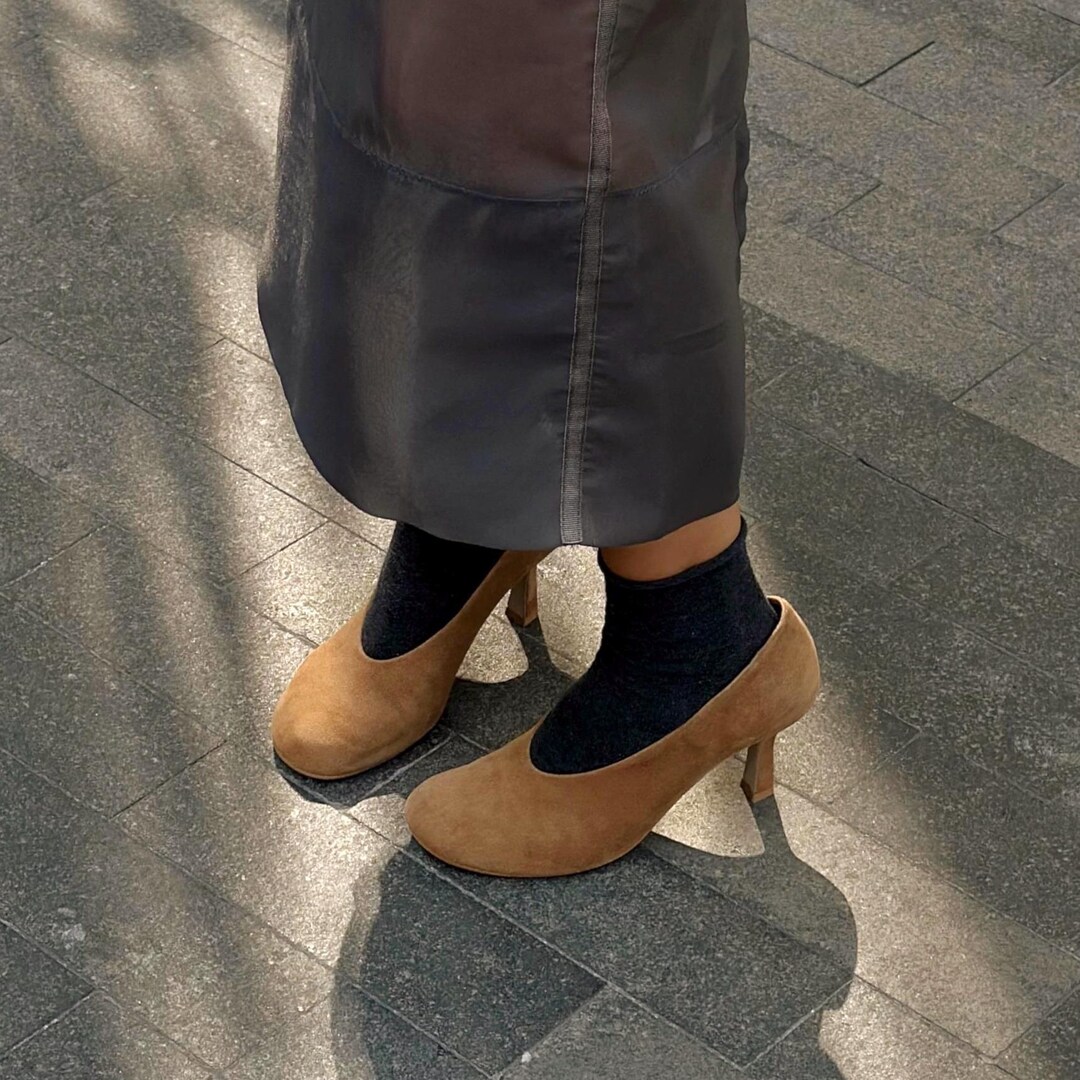 Mustard Suede Flare Heels With Wide Fit and Round Toe, Fall Women ...