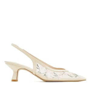 Off White Slingbacks With Floral Embroidery, Low Kitten Heel, Sheer ...