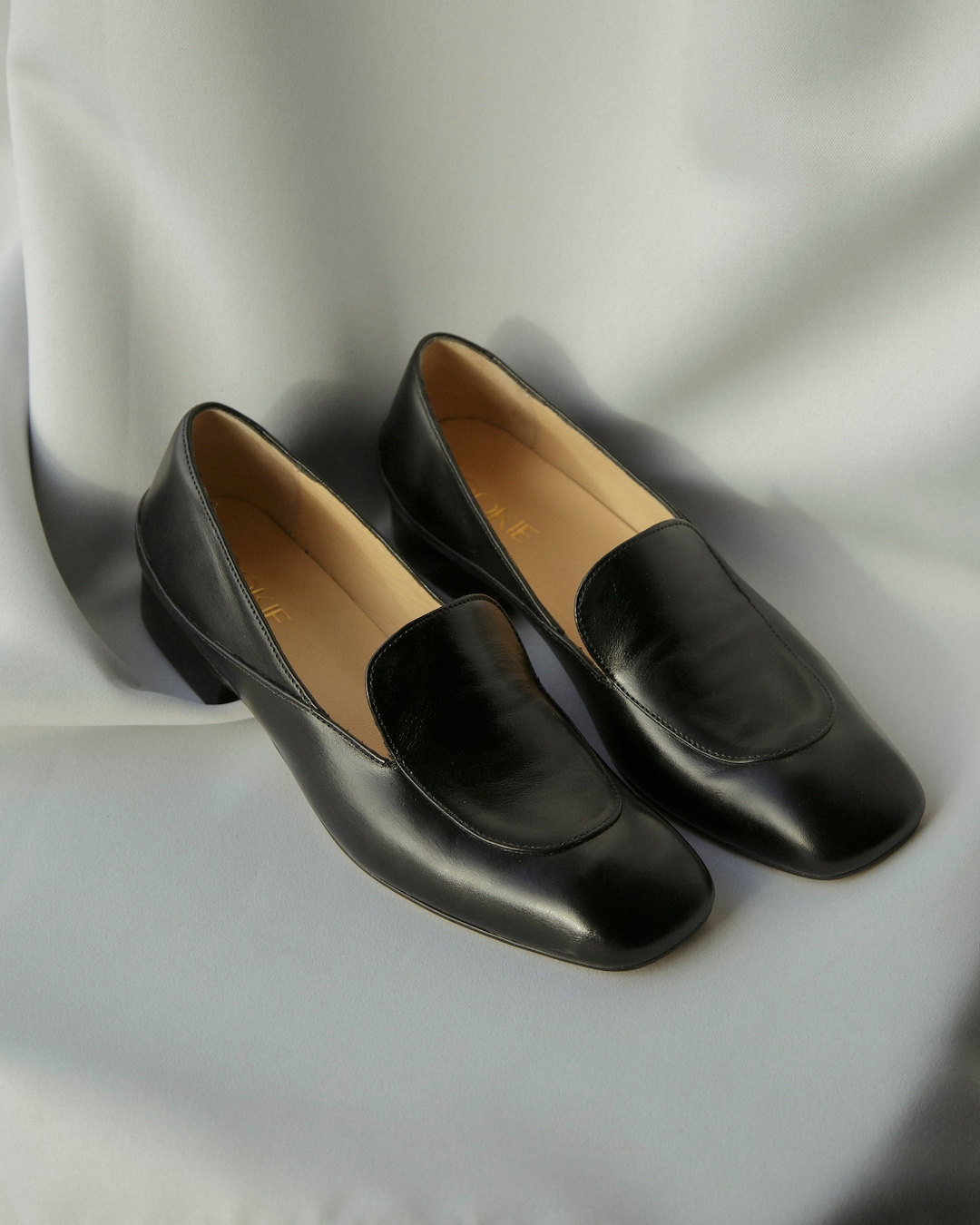 Black Loafers With Square Closed Toe, Handmade Softback Slip Ons in Soft Leather With Low Block ...