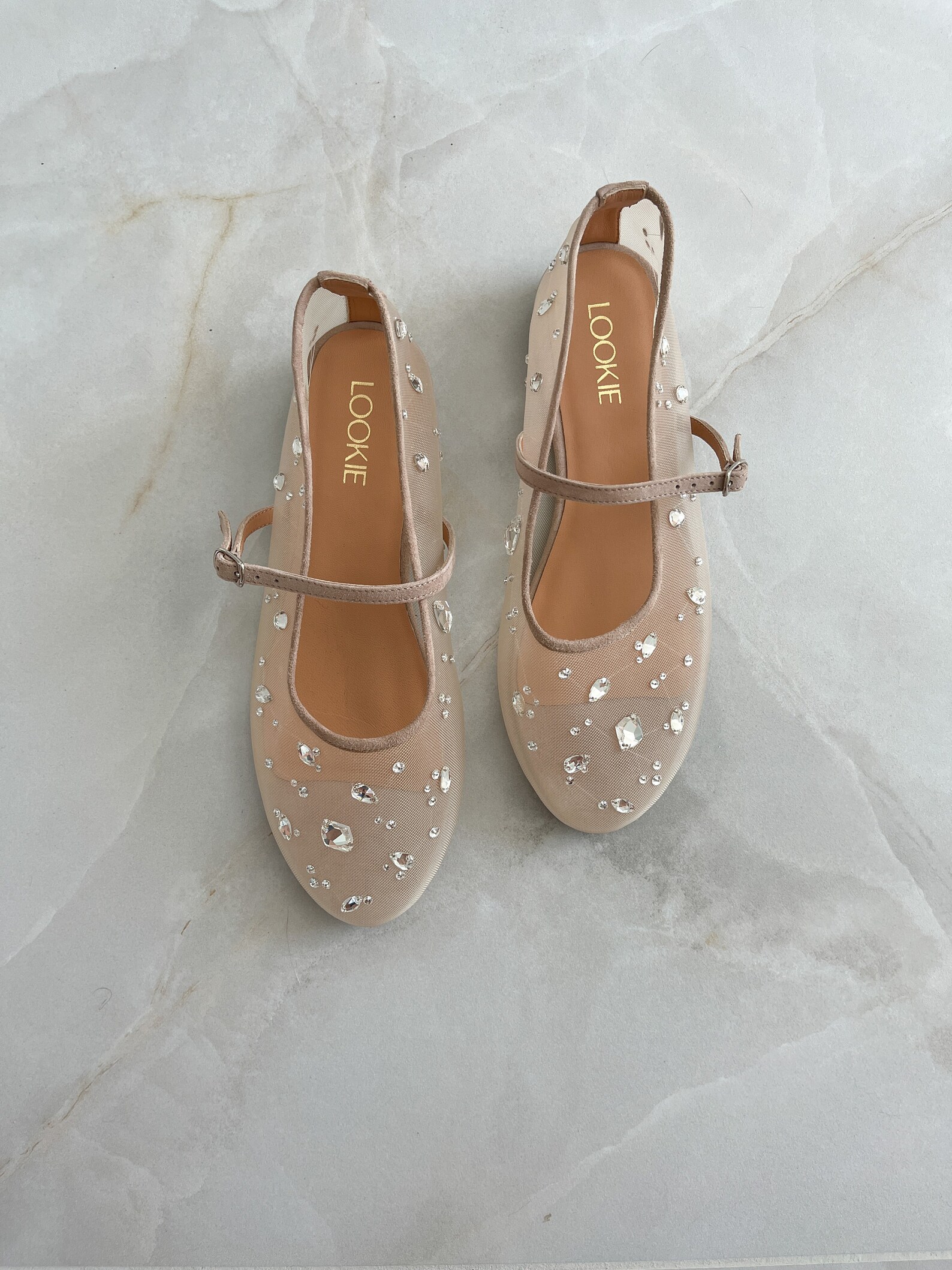 Beige Mesh Flats With Rhinestone Embroidery and Arch Strap, Fishnet ...