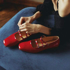 Red Mary Janes With Triple Strap From Glossy Patent Leather, Square Toe ...