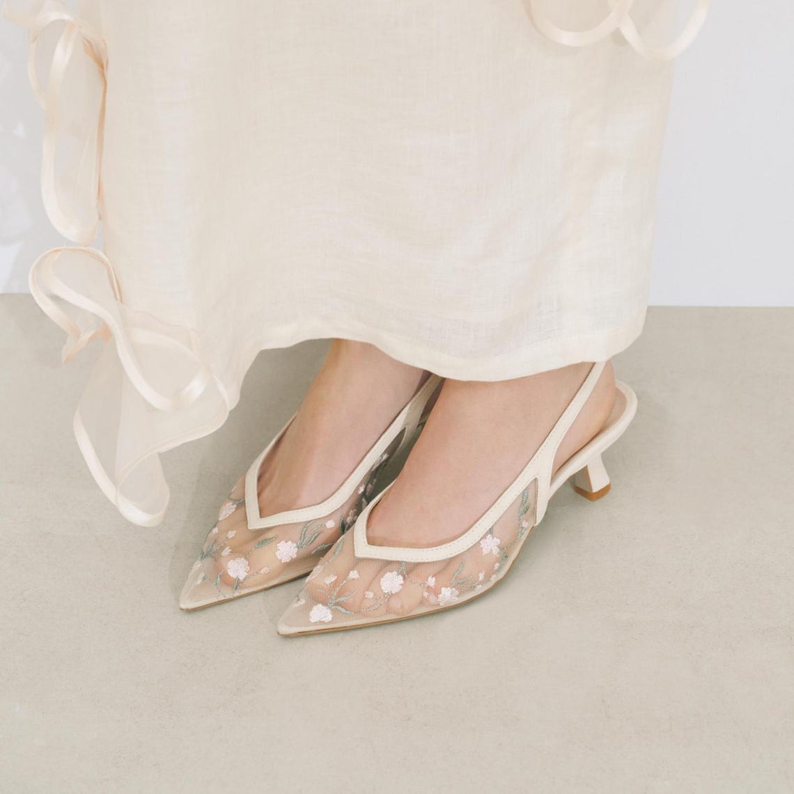 Off White Slingbacks With Floral Embroidery, Low Kitten Heel, Sheer ...