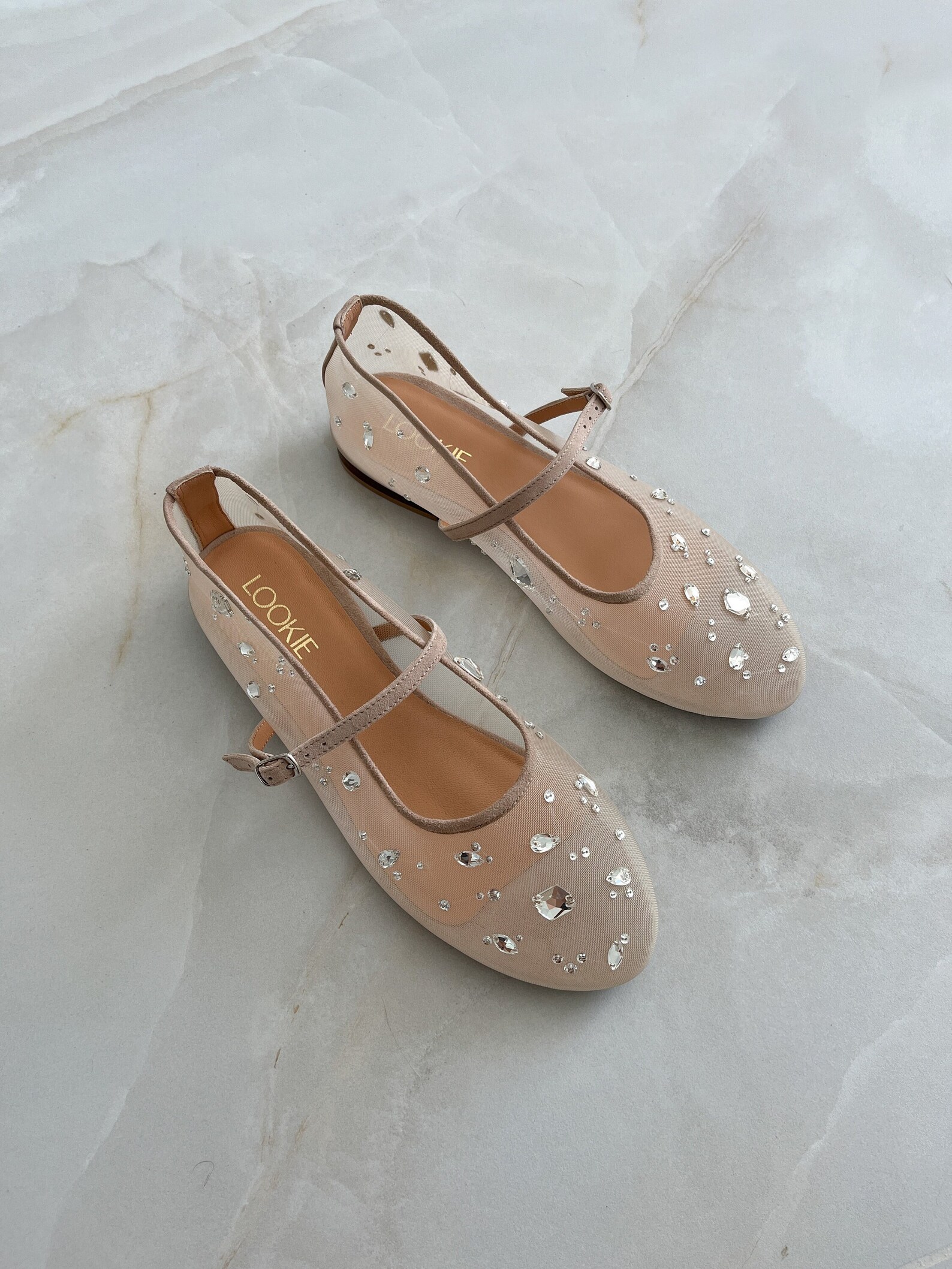 Beige Mesh Flats With Rhinestone Embroidery and Arch Strap, Fishnet ...