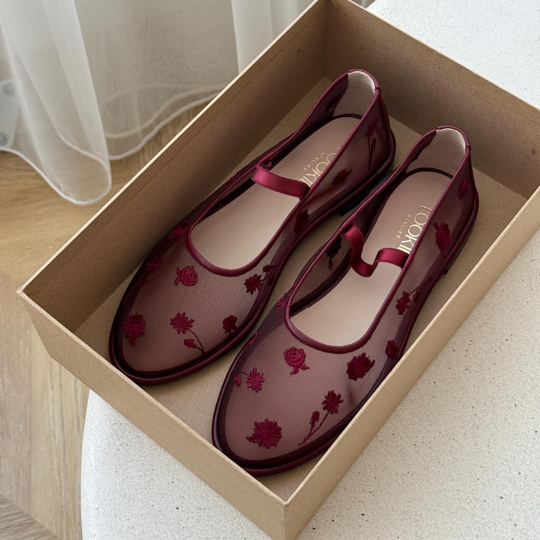 Mesh Flats Burgundy Floral Embroidery Boho Fishnet Ballet Shoes With ...