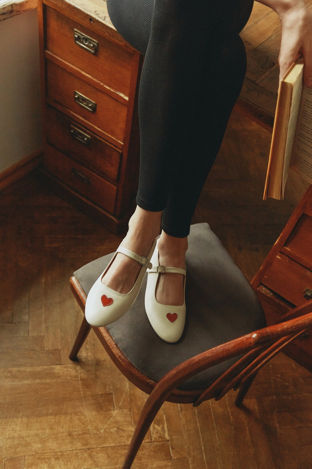 Milky Mary Janes With Heart Decoration and Arch Strap, Almond Toe Flat ...