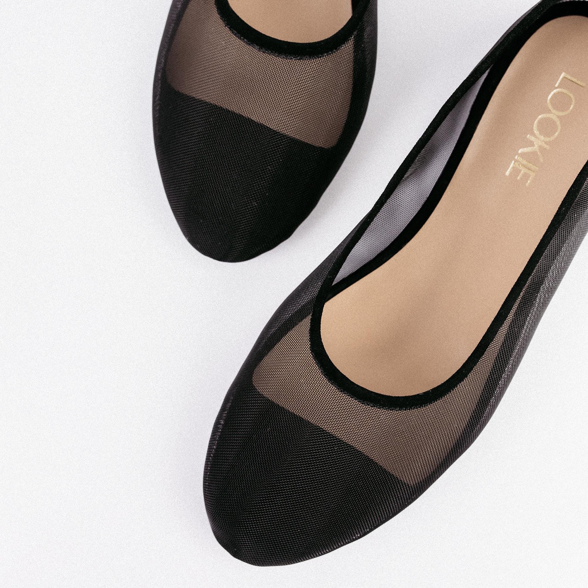 Black Soft Mesh Flats With Almond Closed Toe and Genuine Leather Insole ...