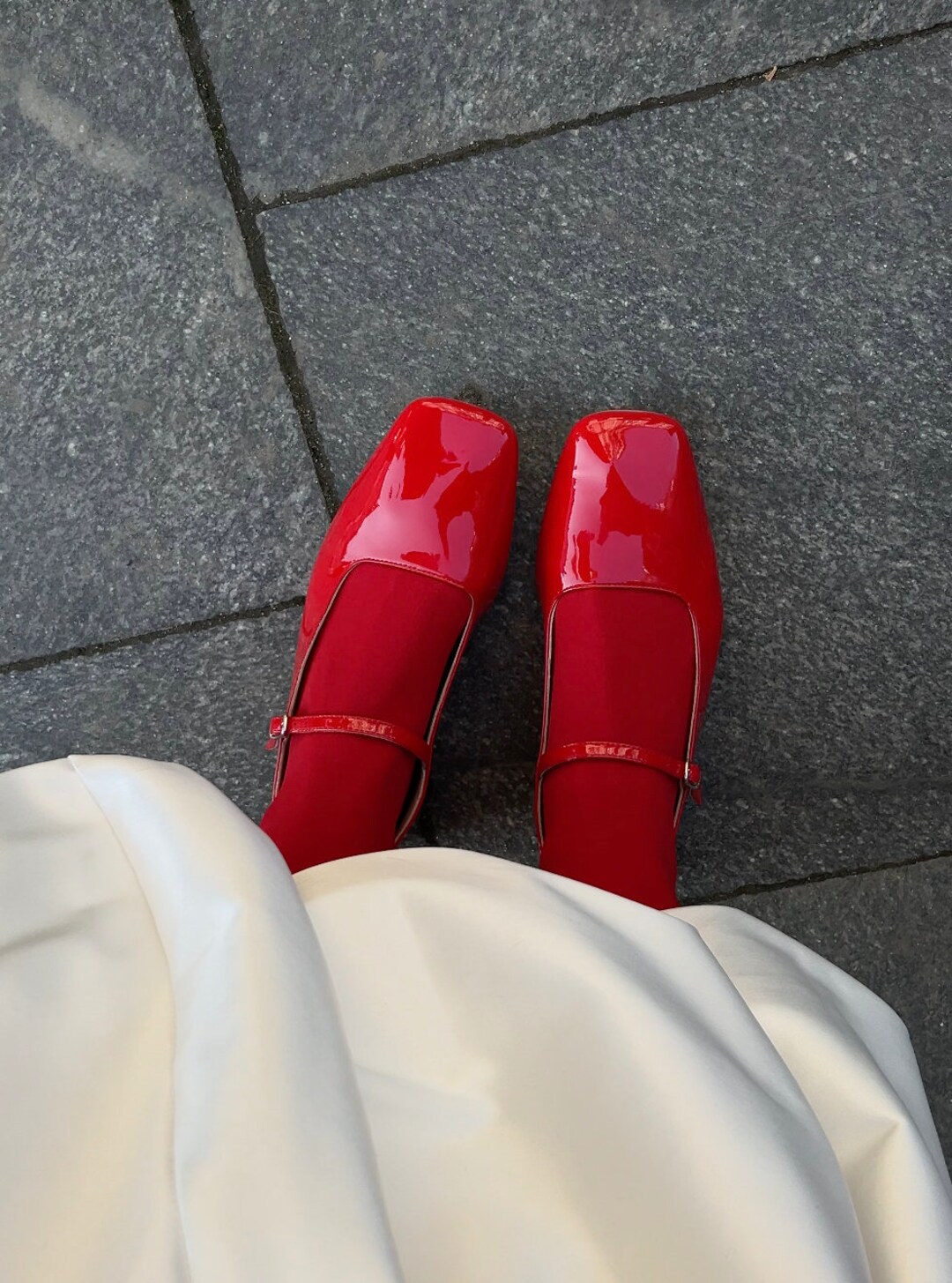 Red Mary Janes With Arch Strap From Patent Leather, Square Toe Flat ...