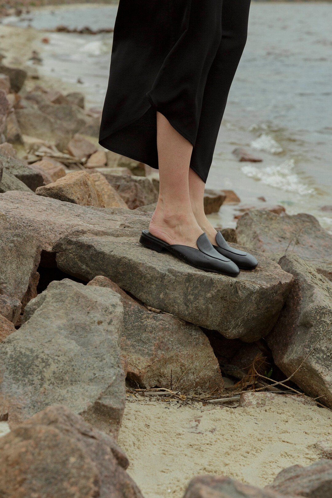 Black Mules With Square Toe and Open Back, Handmade Low Block Heels ...