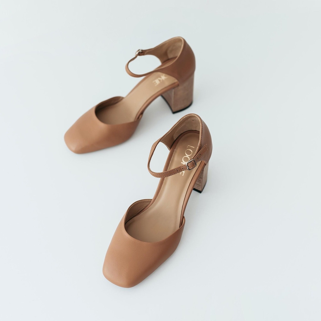 Beige Sandals With Ankle Strap and Block Heel, Caramel Leather Women ...