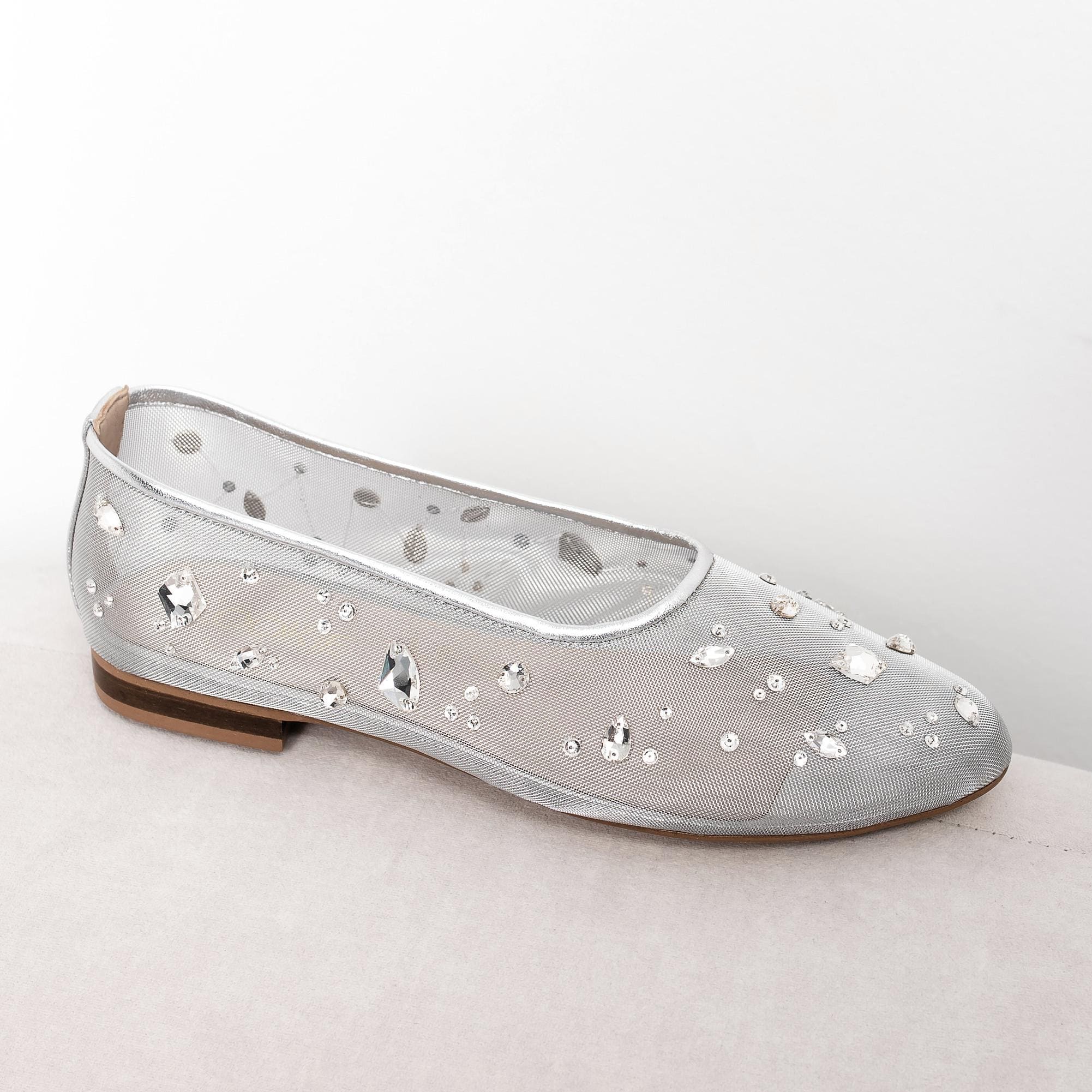 Silver Mesh Flats With Rhinestone Embroidery and Almond Toe, Fishnet ...