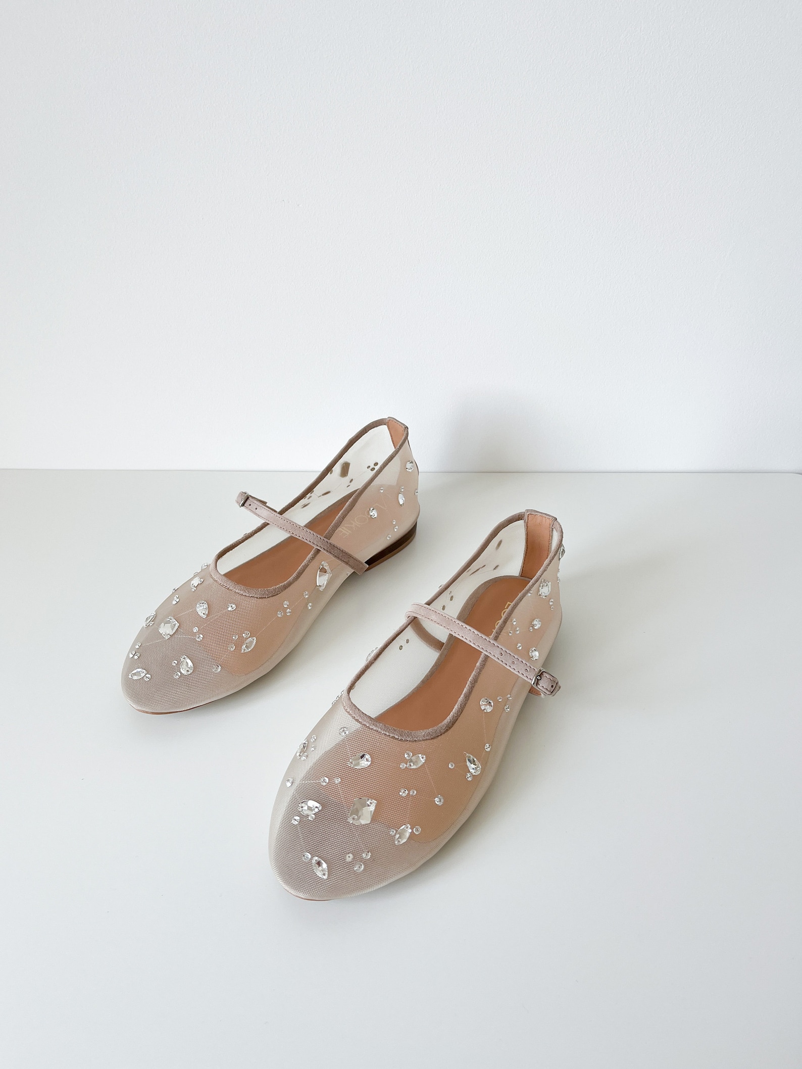 Beige Mesh Flats With Rhinestone Embroidery and Arch Strap, Fishnet ...
