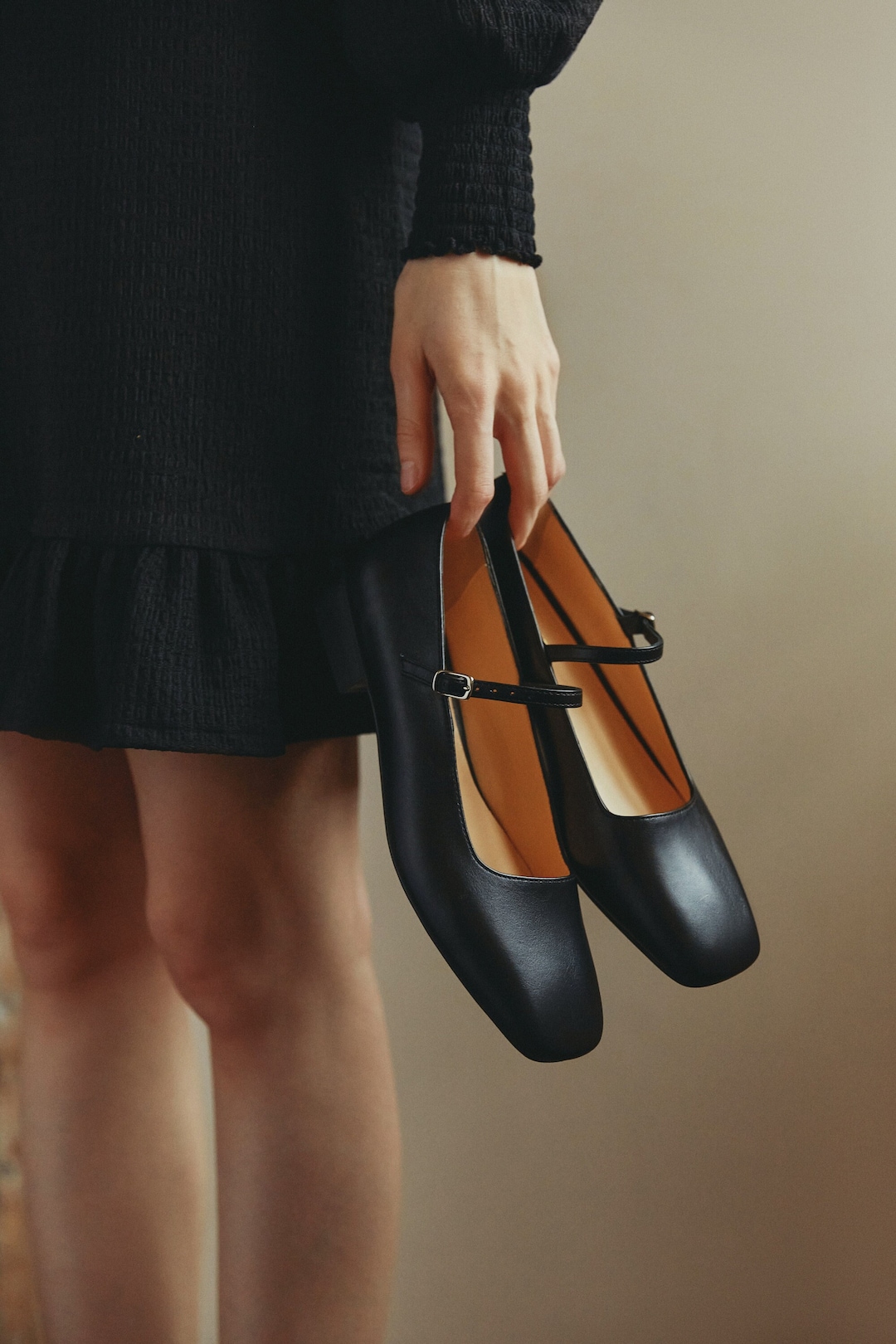 Black Mary Janes With Arch Strap From Genuine Leather, Square Toe Flat ...