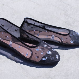 Black Mesh Flats With Rhinestone Embroidery and Almond Toe, Fishnet ...