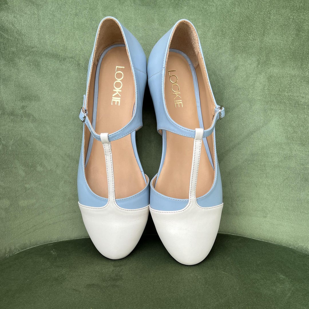 T-strap Mary Janes With Almond Toe, White and Blue Women Shoes ...