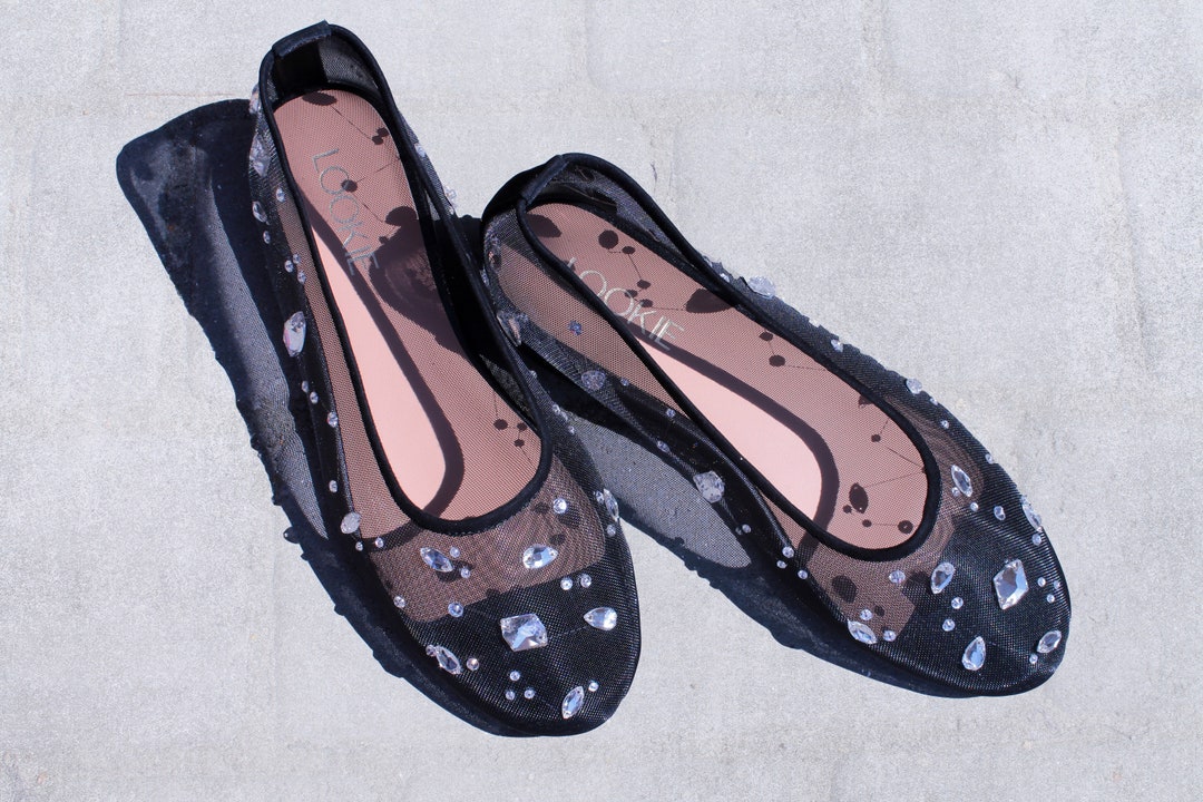 Black Mesh Flats With Rhinestone Embroidery and Almond Toe, Fishnet ...