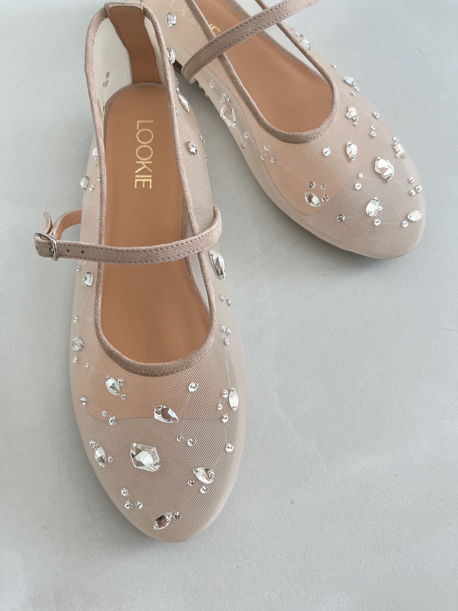 Beige Mesh Flats With Rhinestone Embroidery and Arch Strap, Fishnet ...