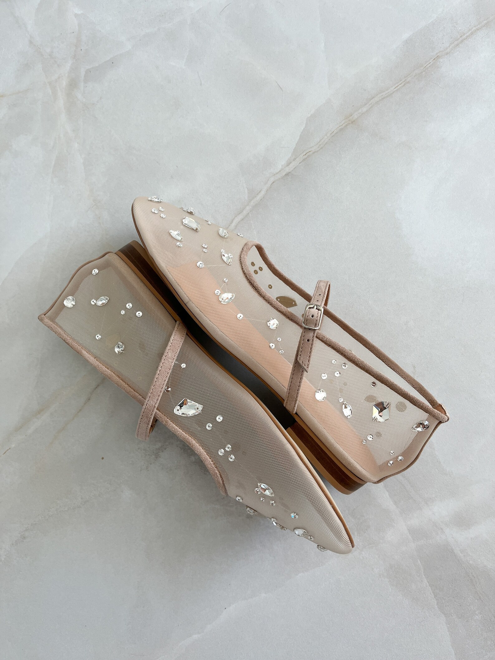 Beige Mesh Flats With Rhinestone Embroidery and Arch Strap, Fishnet ...