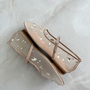 Beige Mesh Flats With Rhinestone Embroidery and Arch Strap, Fishnet ...