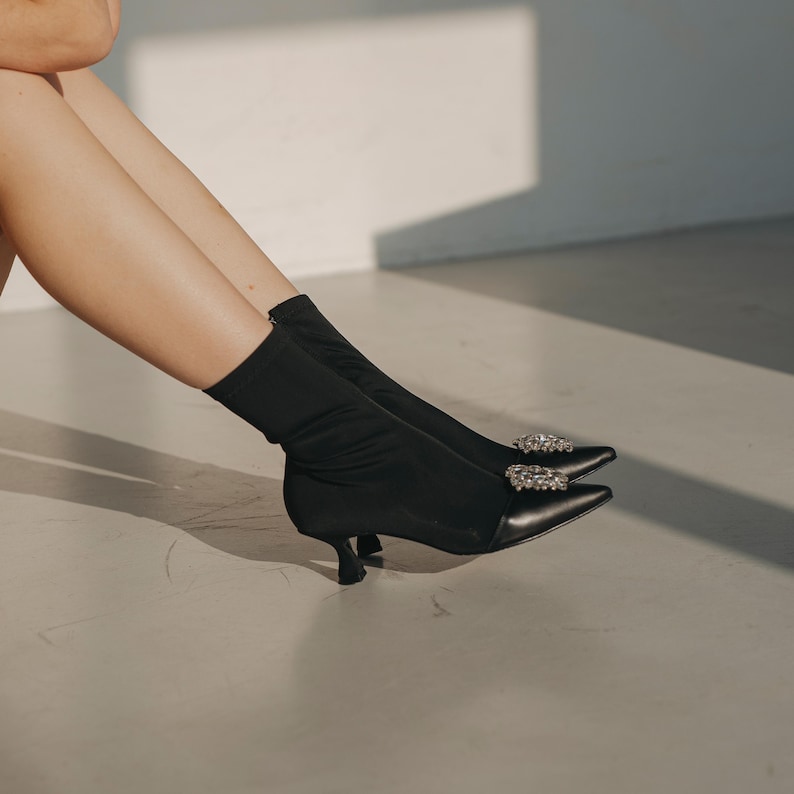 Black Stretch Ankle Boots With Pointy Toe and Low Kitten Heel, Handmade ...