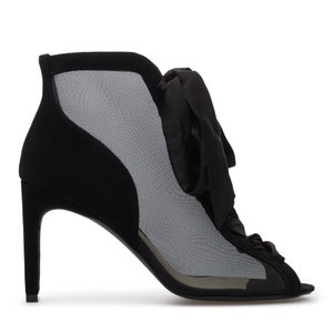 Black Mesh Ankle Boots With High Block Heels, Fishnet Black Booties ...