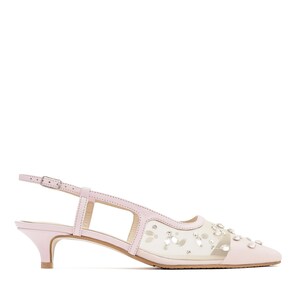 Pink Slingbacks With Crystal Embroidery, Low Kitten Heel, Sheer Mesh ...