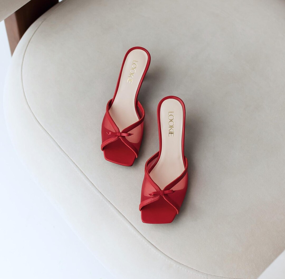 Red Mesh Mules With Open Peep Toe, Fishnet Woman Flip Flops With Spool ...