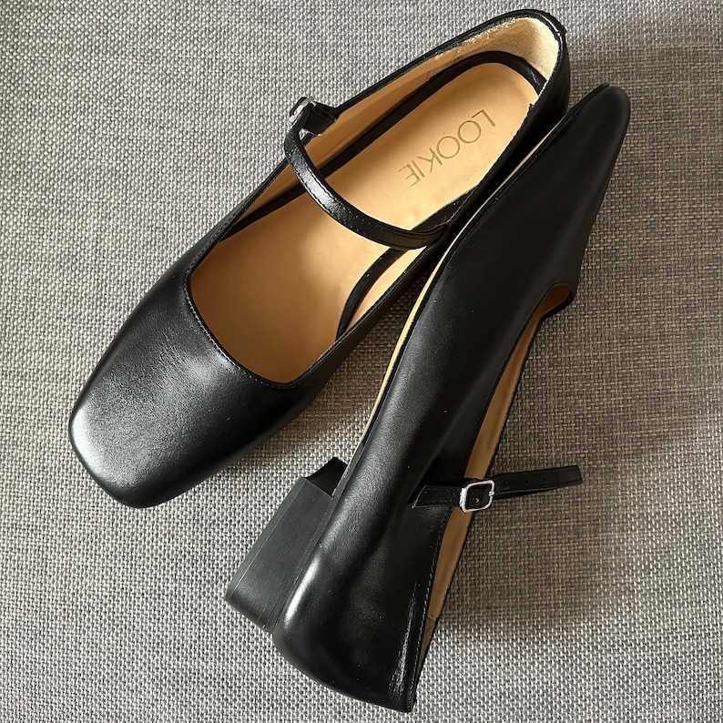 Black Mary Janes Handmade From Natural Leather, Women Square Toe Flats ...