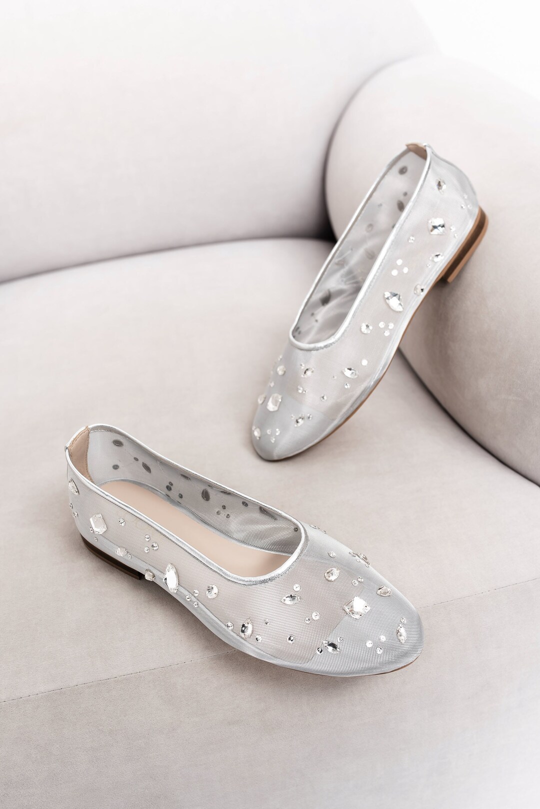 Silver Mesh Flats With Rhinestone Embroidery and Almond Toe, Fishnet ...