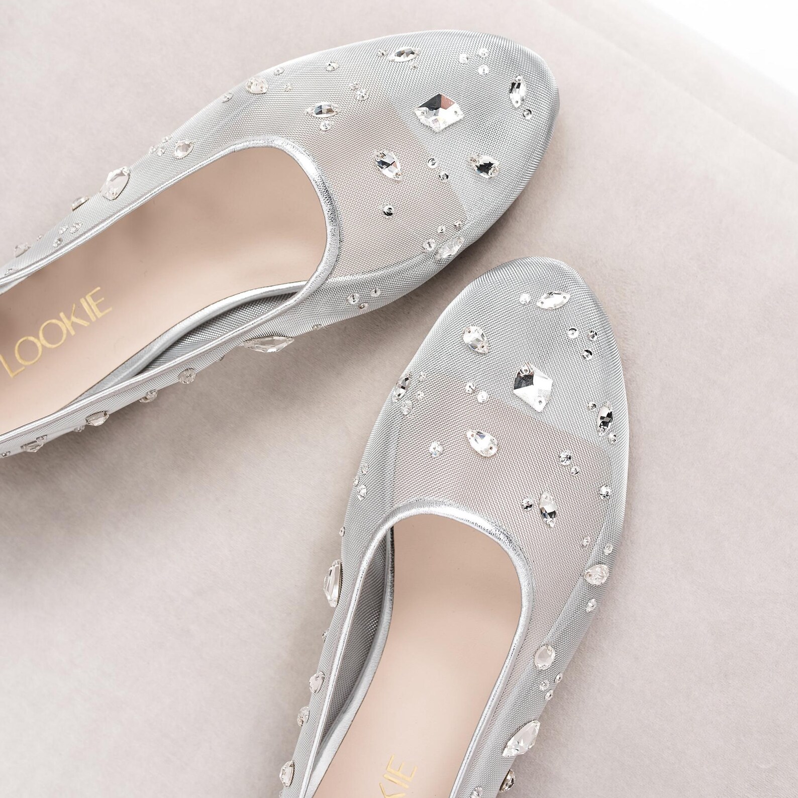 Silver Mesh Flats With Rhinestone Embroidery and Almond Toe, Fishnet ...