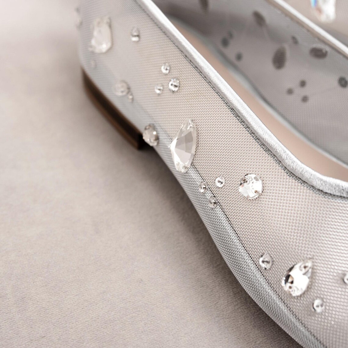 Silver Mesh Flats With Rhinestone Embroidery and Almond Toe, Fishnet ...