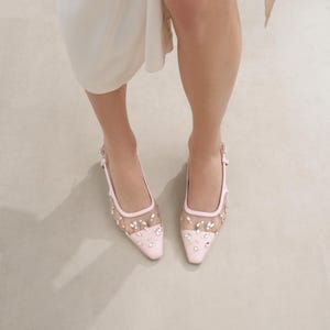 Pink Slingbacks With Crystal Embroidery, Low Kitten Heel, Sheer Mesh ...