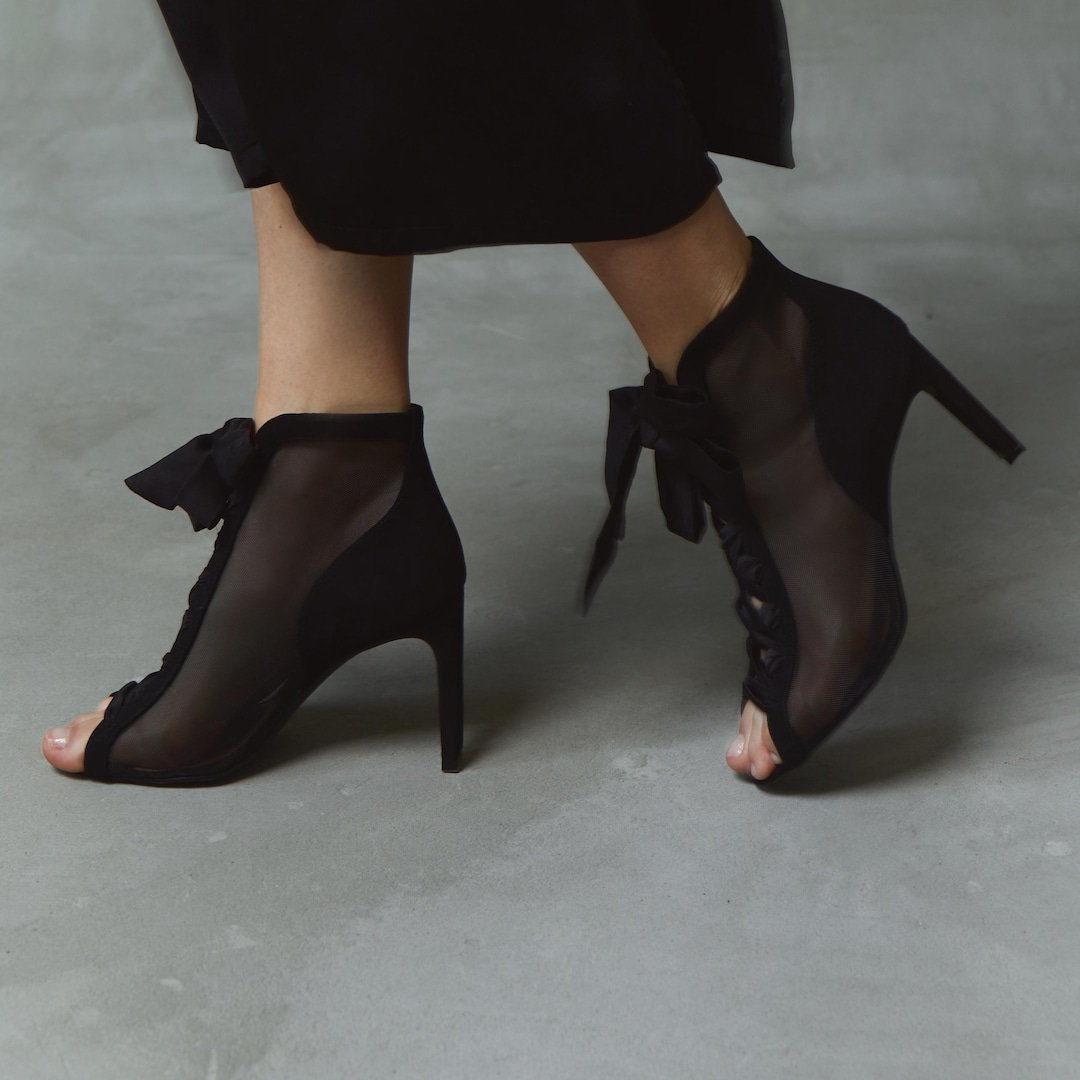 Black Mesh Ankle Boots With High Block Heels, Fishnet Black Booties ...