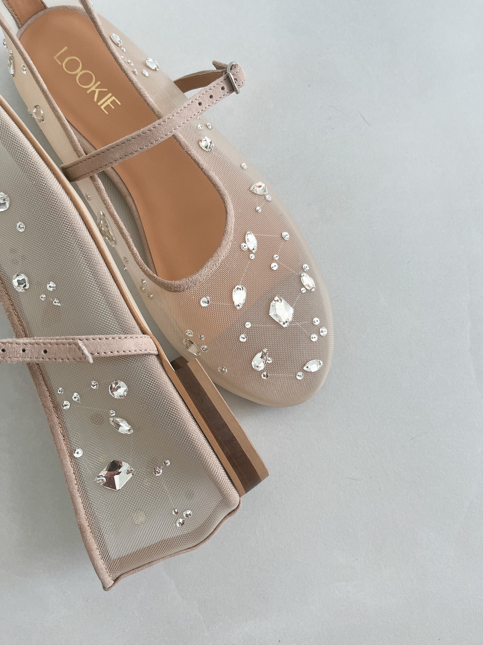Beige Mesh Flats With Rhinestone Embroidery and Arch Strap, Fishnet ...