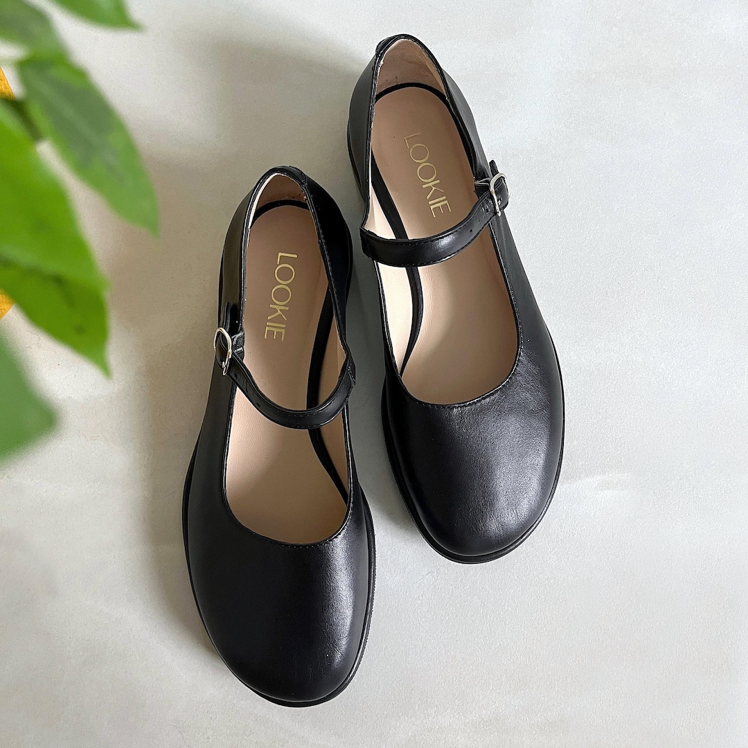 Black Mary Jane With Flat Heel, Handmade Soft Leather Flats With Arch ...