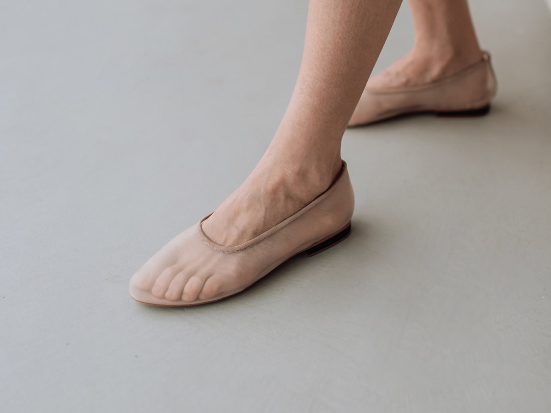 Beige Soft Mesh Flats With Almond Closed Toe And Genuine Etsy Uk