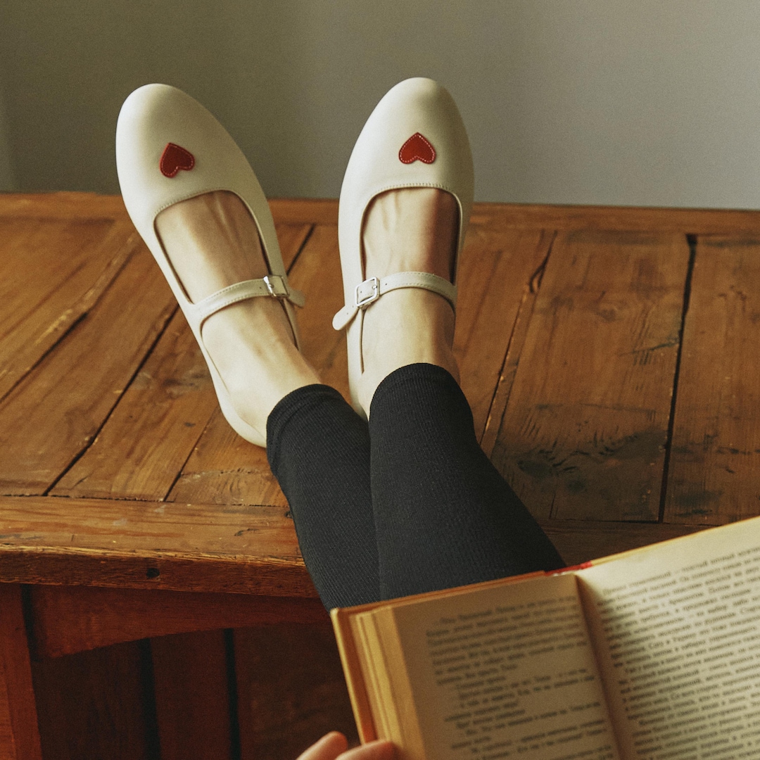 Milky Mary Janes With Heart Decoration and Arch Strap, Almond Toe Flat ...