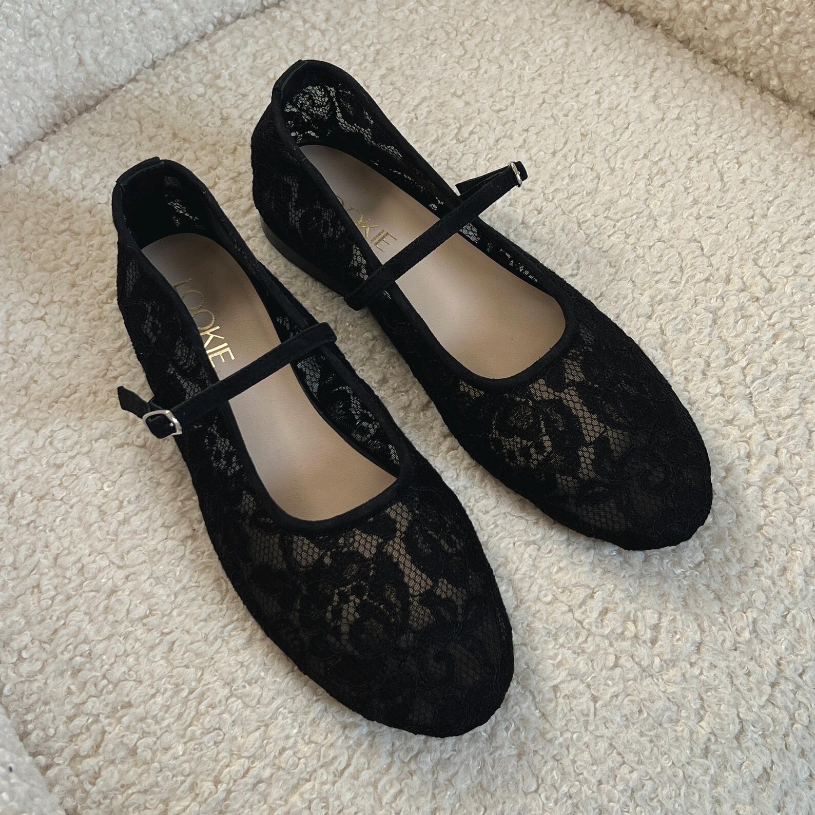 Black Lace Flats With Almond Closed Toe and Genuine Leather Insole ...